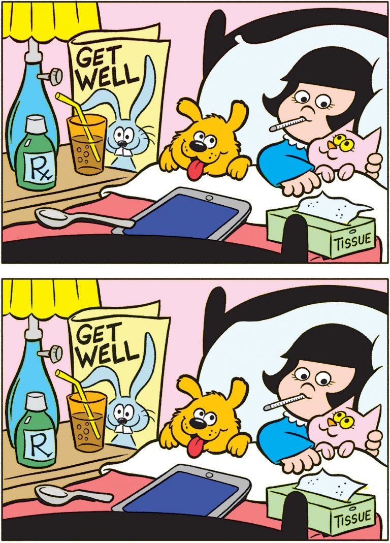 Spot The Six Differences Challenge: Sick girl with thermometer in mouth ...
